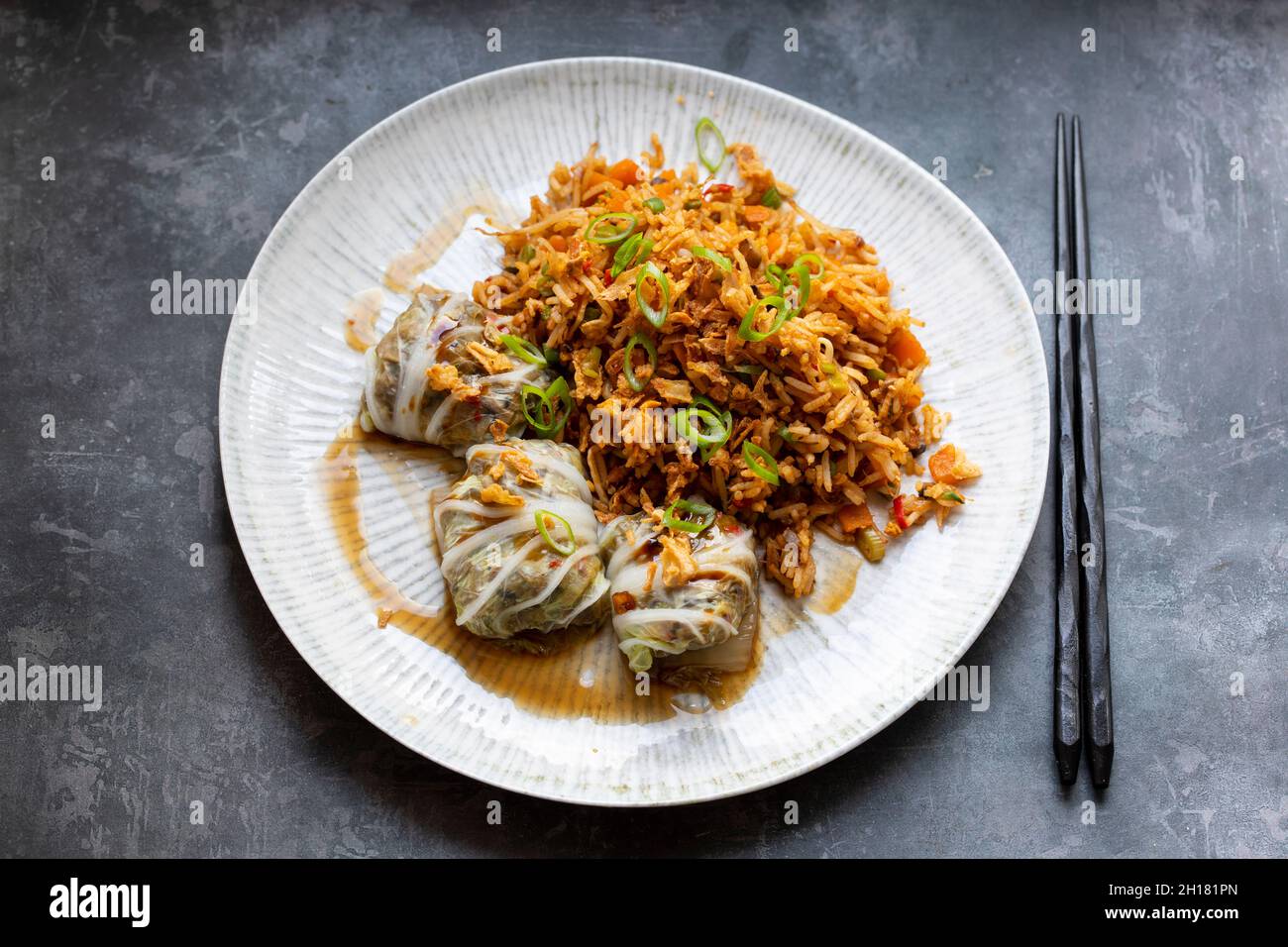 Chinese leaf parcels with mushroom filling in oyster sauce with nasi ...