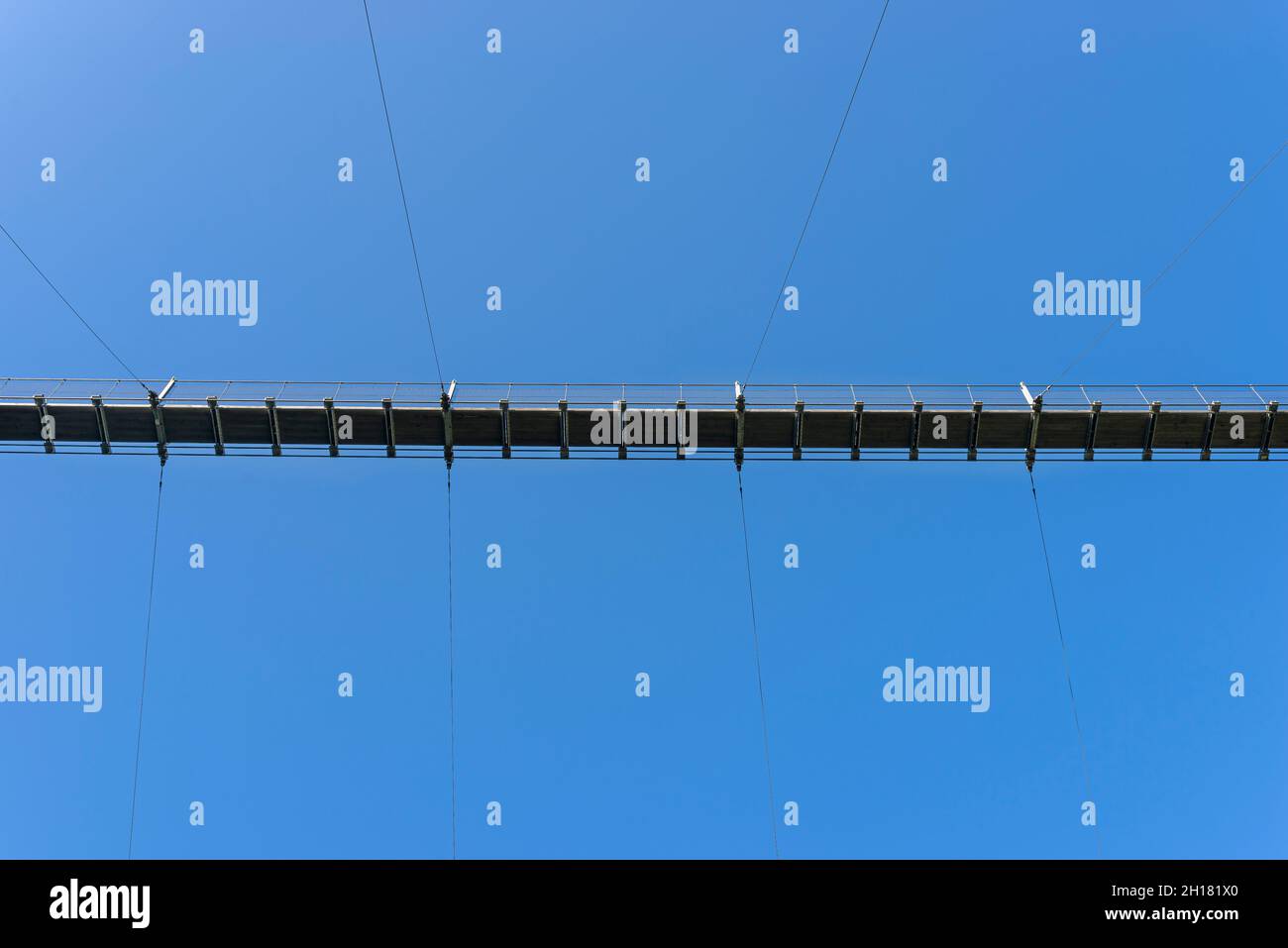 A hanging wooden bridge with steel ropes viewed from below against a ...