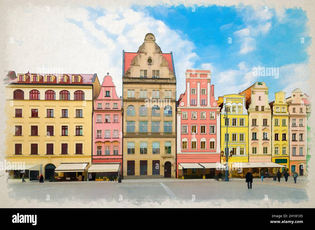 Watercolor drawing of Row of colorful traditional buildings with ...