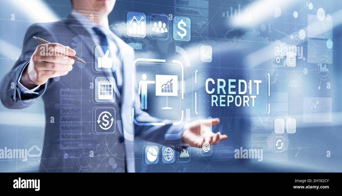 Credit report score button on virtual screen. Business Finance concept ...