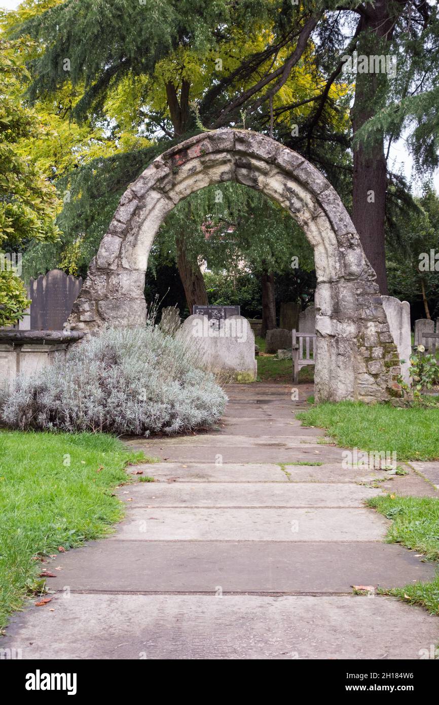 Ancient stone arch of St Mary the Virgin parish church, Mortlake ...
