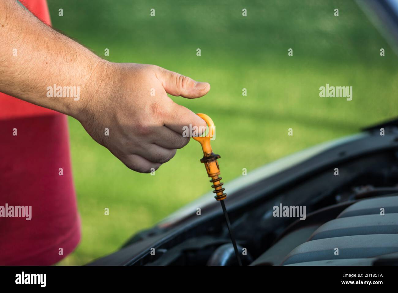 A beautiful closeup shot of a car mechanic checking the engine oil ...