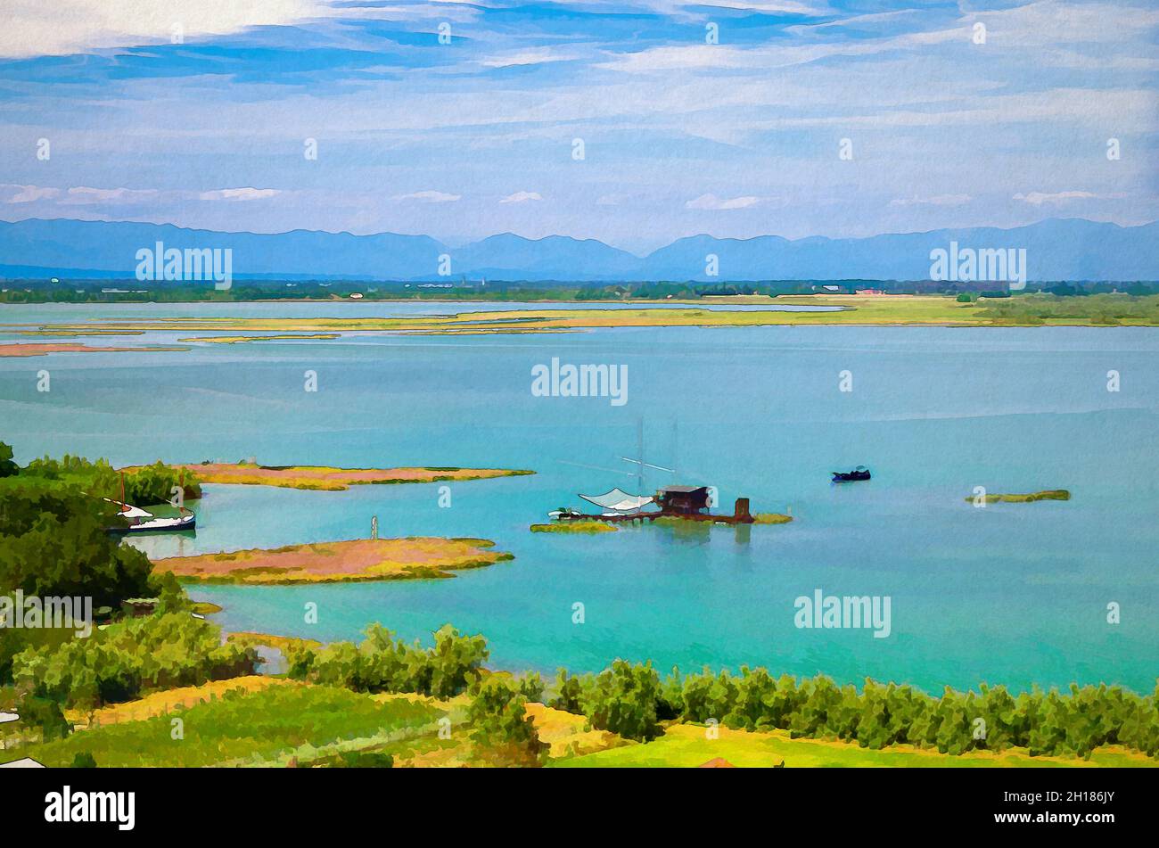 Watercolor drawing of Aerial view of Torcello islands, traditional ...