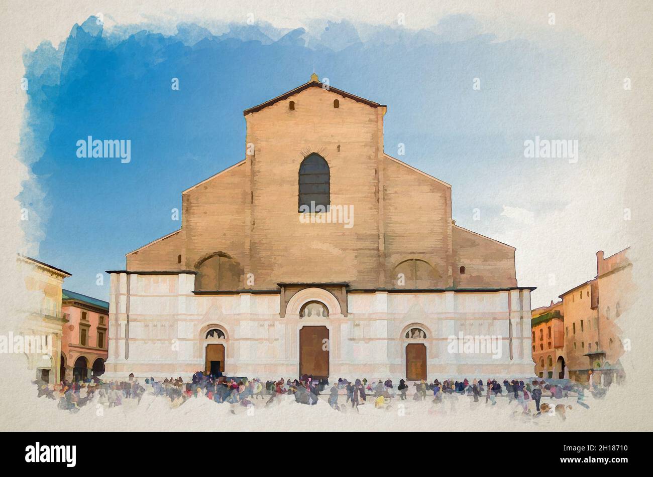 Watercolor drawing of Bologna: Basilica di San Petronio church building ...