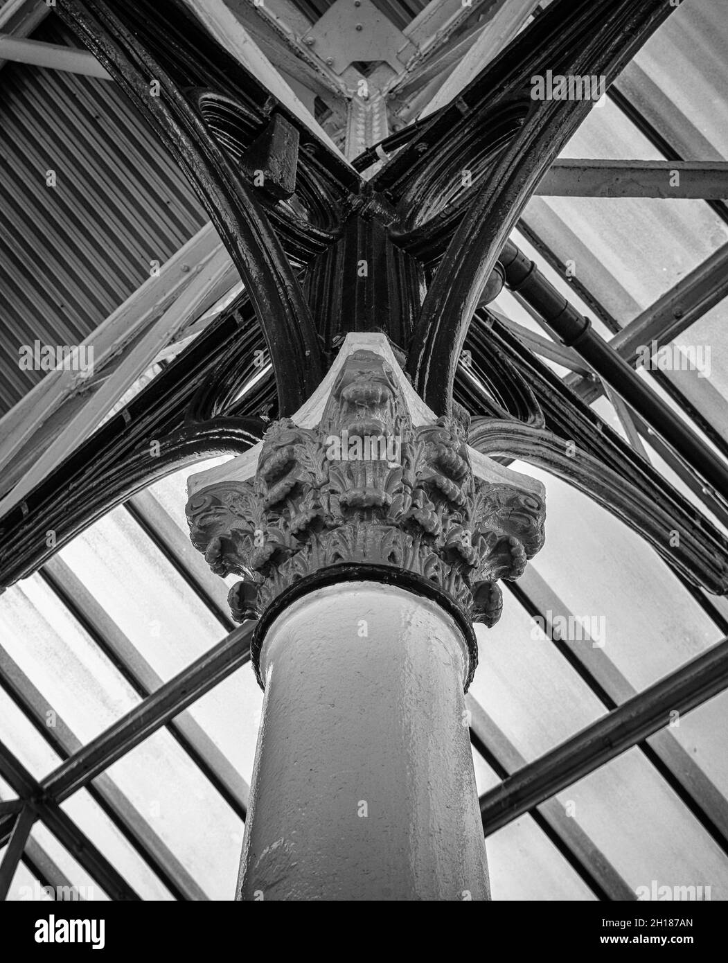 Upward view of an historic 19th Century Corinthian column supporting a ...