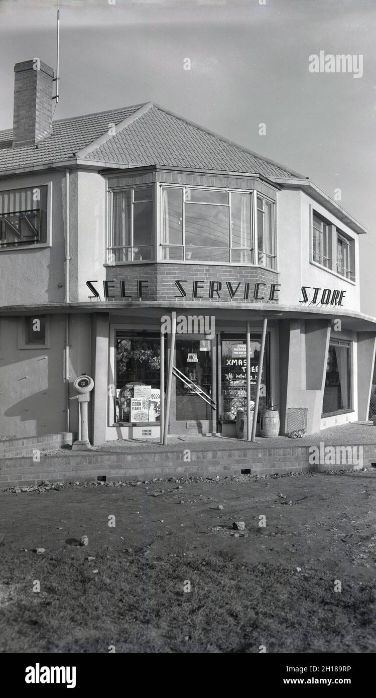 1950s, historical, exterior view of a newly built, semi-rural village ...