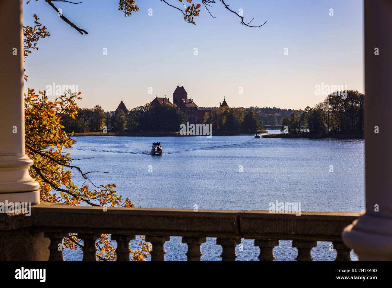 view from colonnaded mansion of uzutrakis manor to trakai island castle ...
