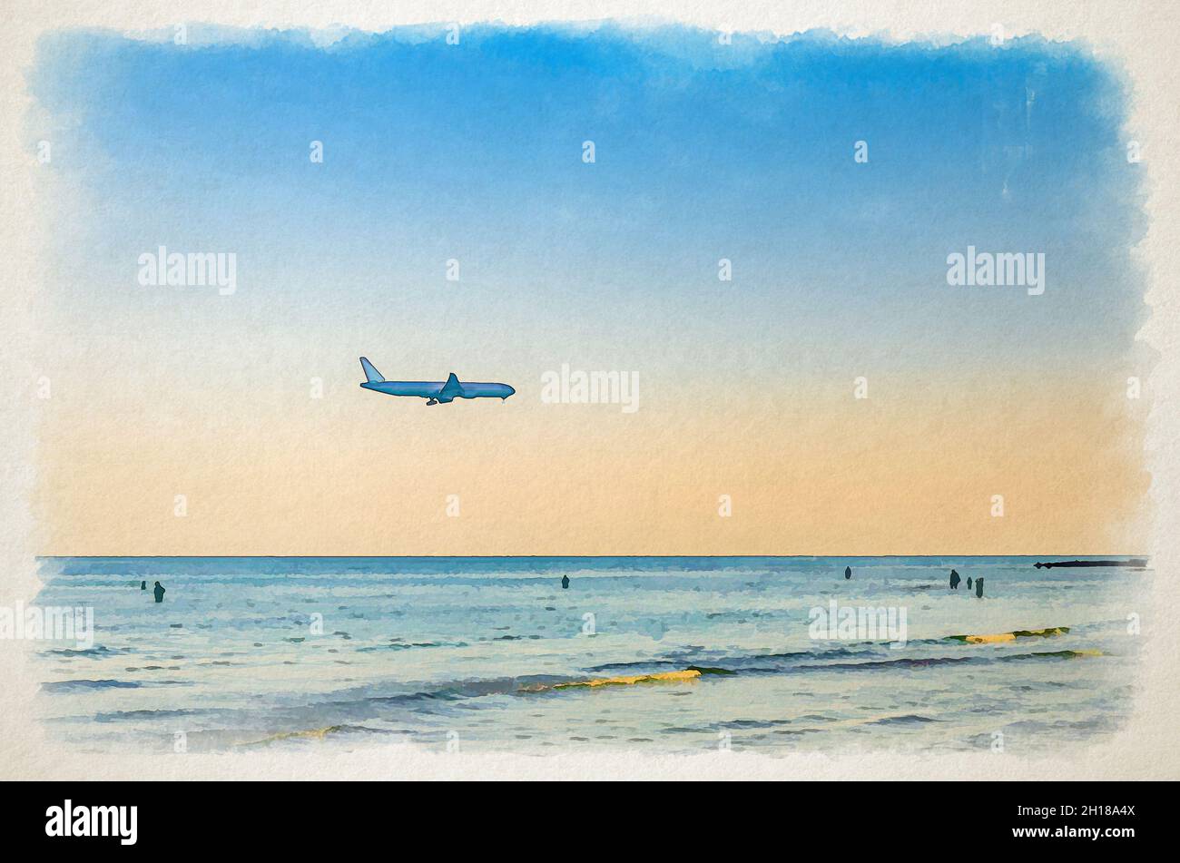 Watercolor drawing of Airplane flying low above sea and people tourists ...