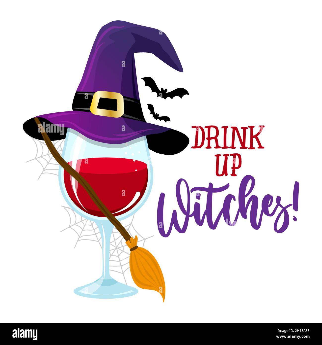 Drink up Witches! - One glass on Wine in witch costume. - red wine with ...