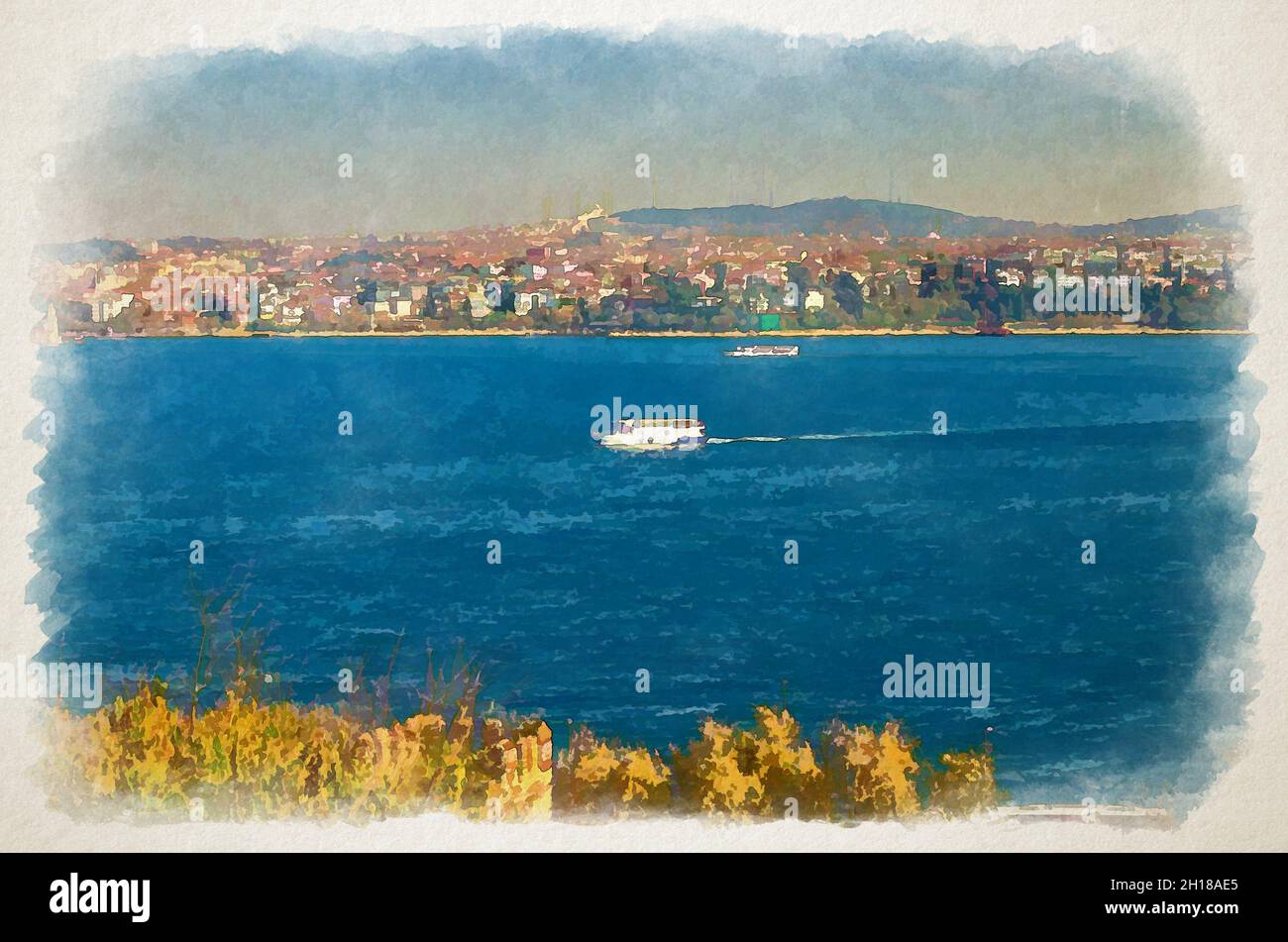 Watercolor drawing of Cityscape of Istanbul city historical centre with ...