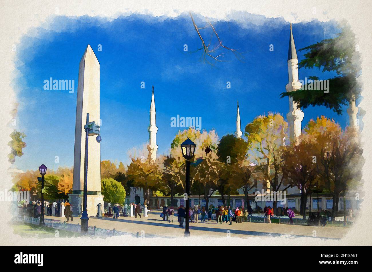 Watercolor drawing of Istanbul: Sultan Ahmed Mosque Blue Mosque with ...