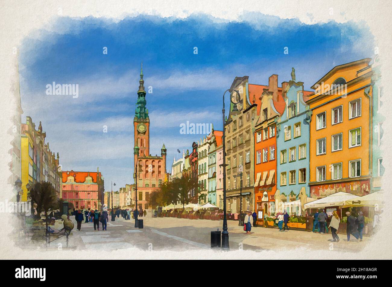 Watercolor drawing of Gdansk cityscape with people tourists walking ...