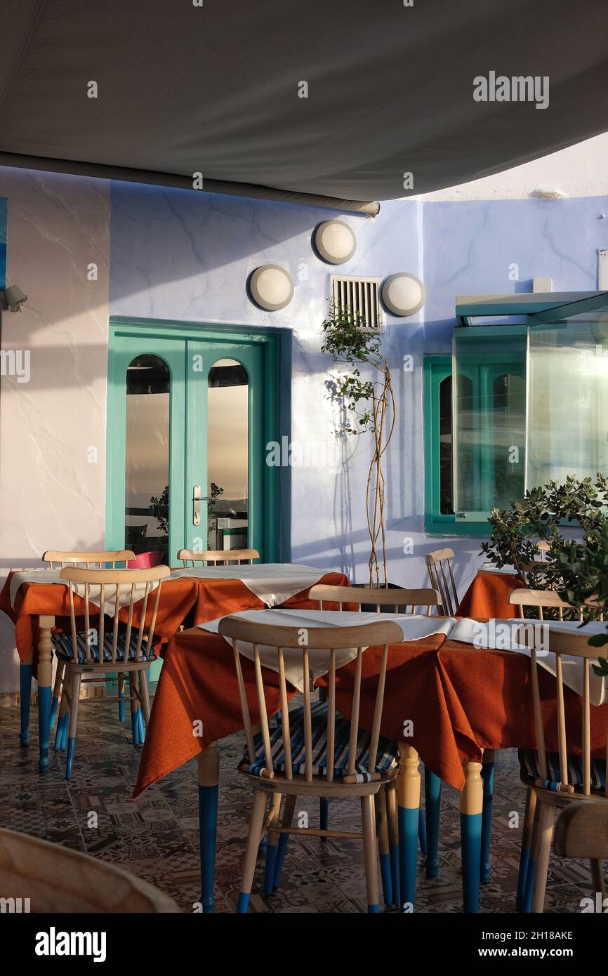 View of a beautiful terrace of a restaurant in cycladic style and ...
