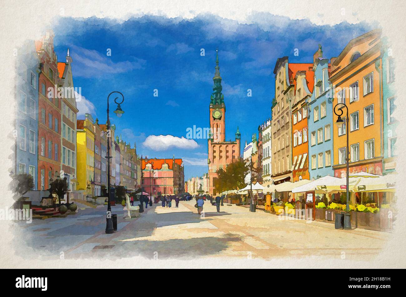 Watercolor drawing of Gdansk cityscape with people tourists walking ...