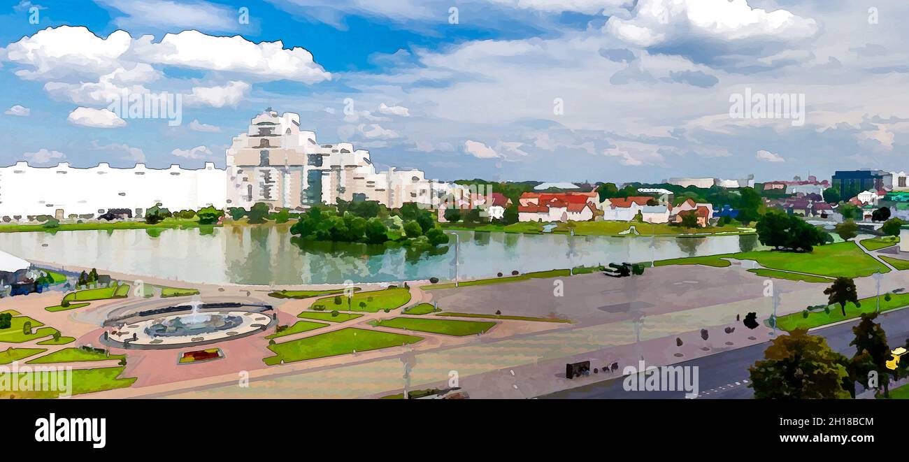 Watercolor drawing of Aerial panoramic view of Minsk city historical ...