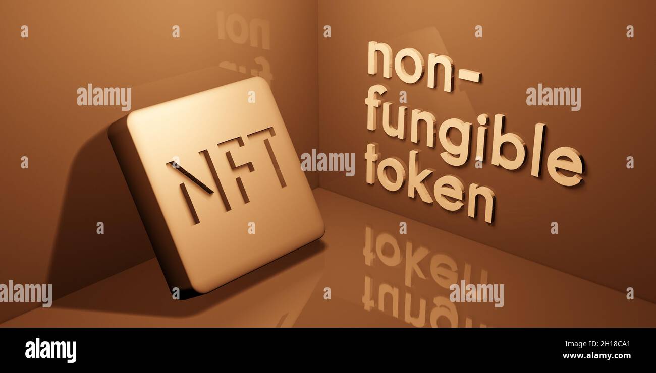 Non-fungible token NFT word and letters in golden colour, conceptual 3D ...