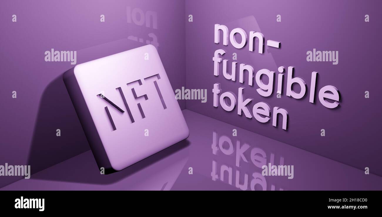 Non-fungible token NFT word and letters in purple colour, conceptual 3D ...