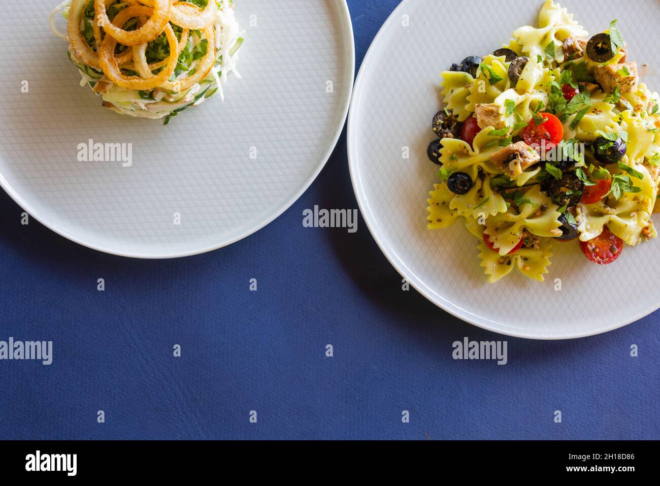 table with many salad top view. Different salads on concrete table, top ...