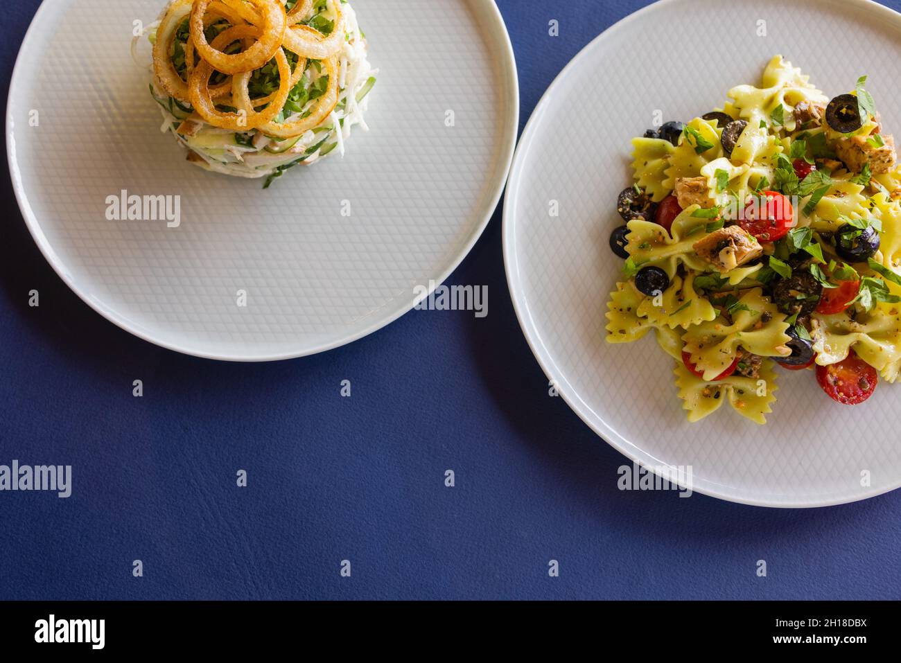 table with many salad top view. Different salads on concrete table, top ...