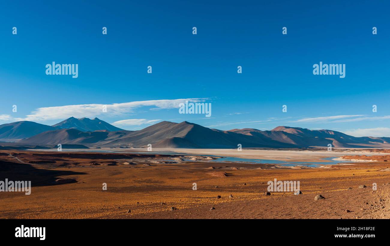 A landscape of the Andes Mountains and the Salar de Talar salt flat, at ...