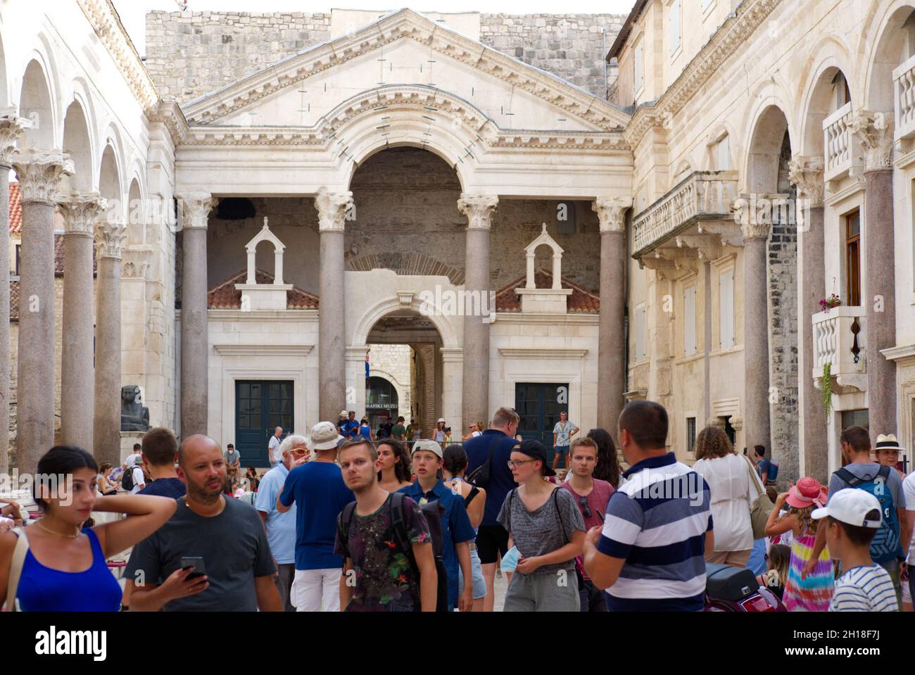 Split, Croatia. September 13, 2021. Tourists at peristyle of ancient ...