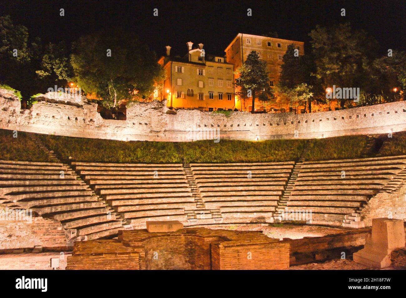 Trieste, Roman Amphitheatre view by night, Italy, Europe Stock Photo ...