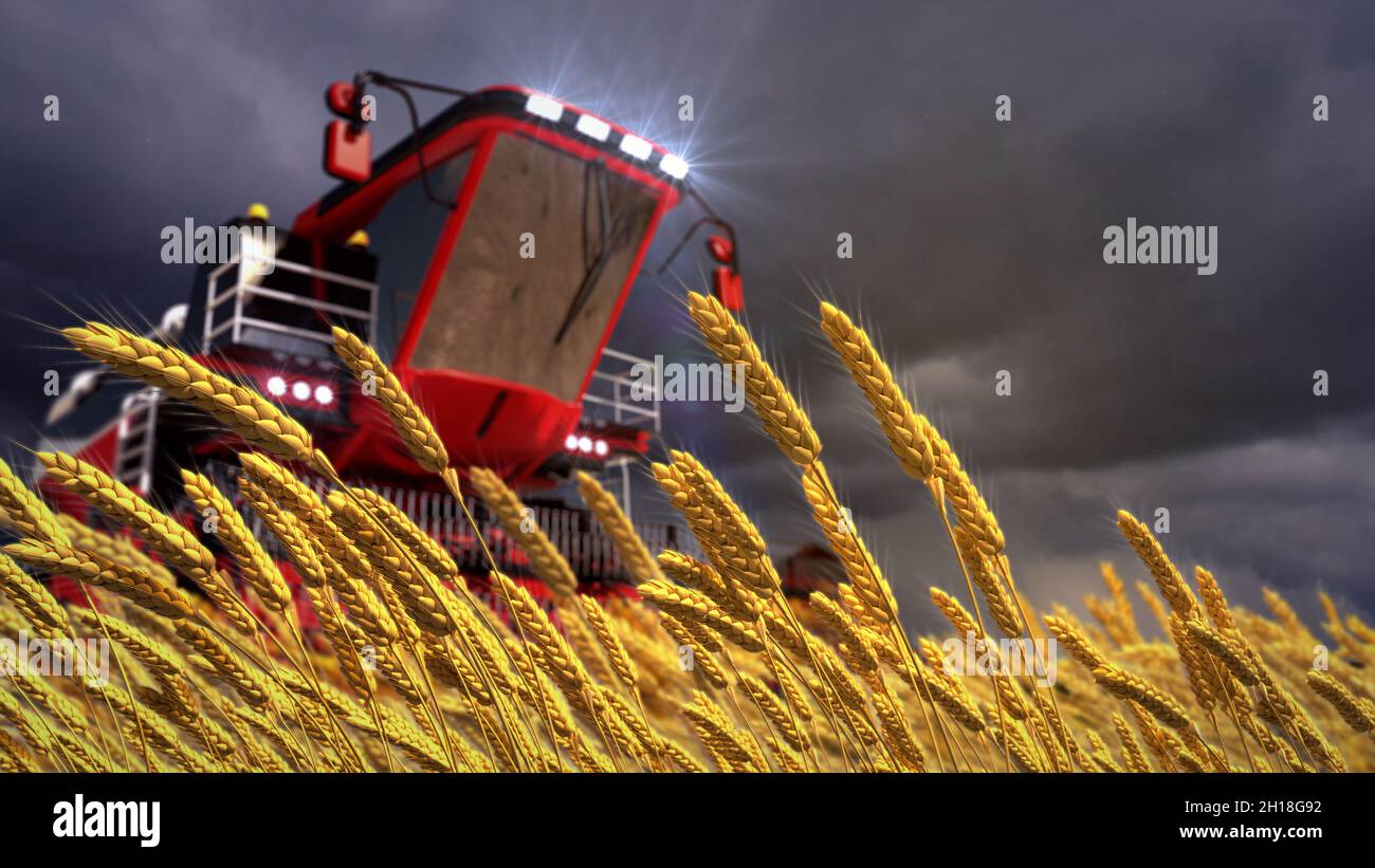 combine on rye field with clouds , digital industrial 3D illustration ...