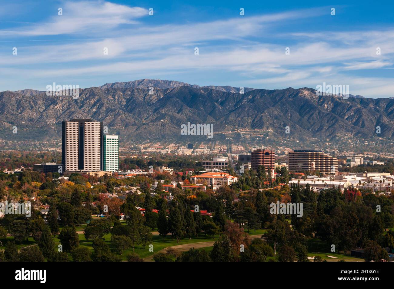 A view of Universal Studios, and the nearby mountainous landscape. Los ...