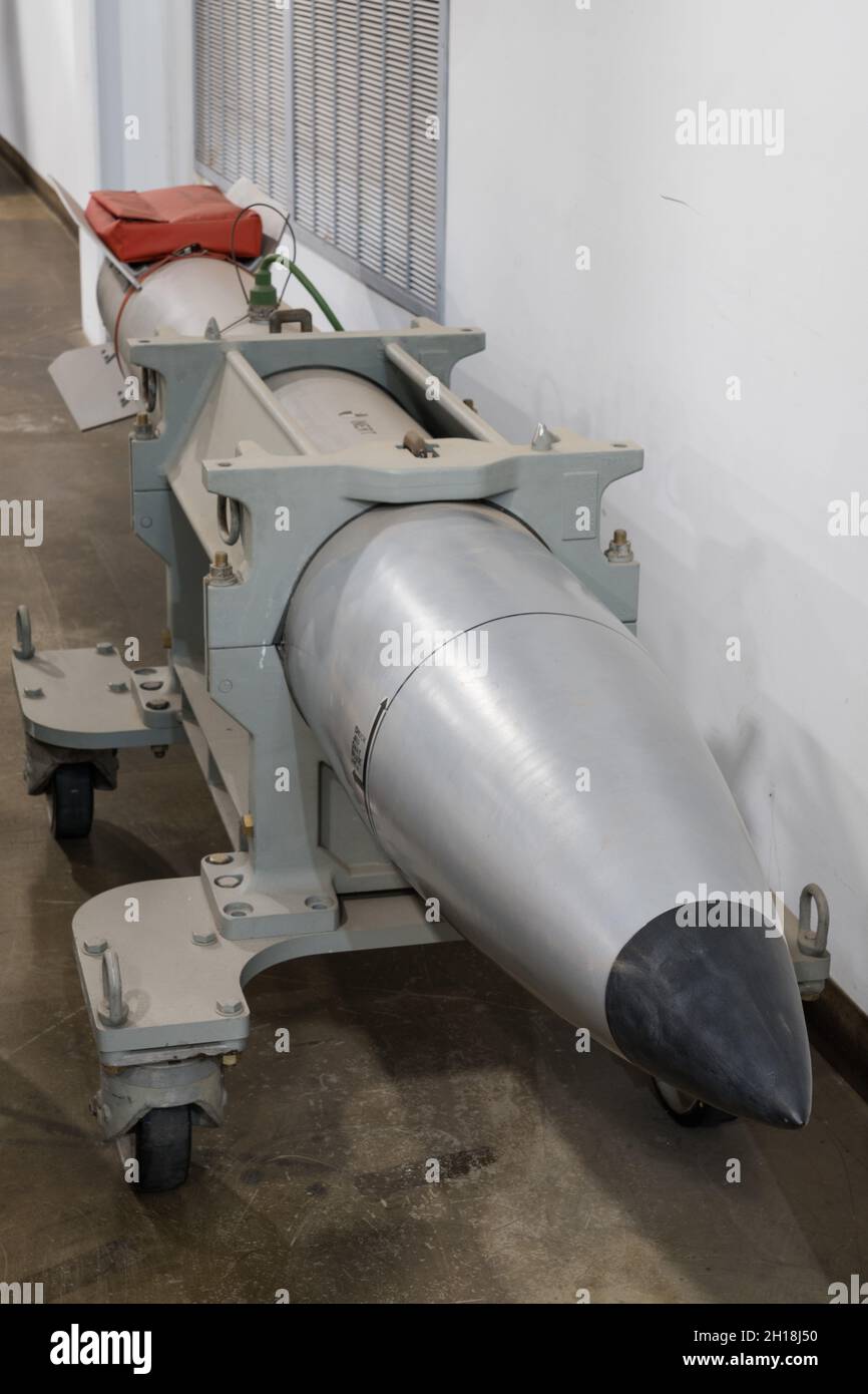An inert B61 thermonuclear gravity bomb casing in the Hill Aerospace ...