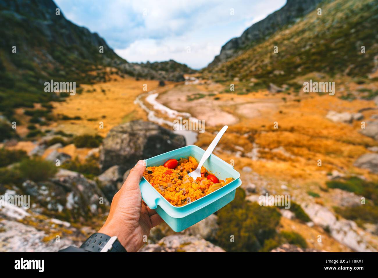 Man's hand holding plastic food container with healthy homemade food ...
