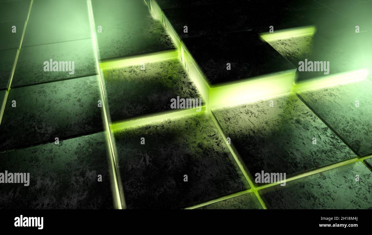 A 3D rendering of tiles on the floor with green led lights under them ...