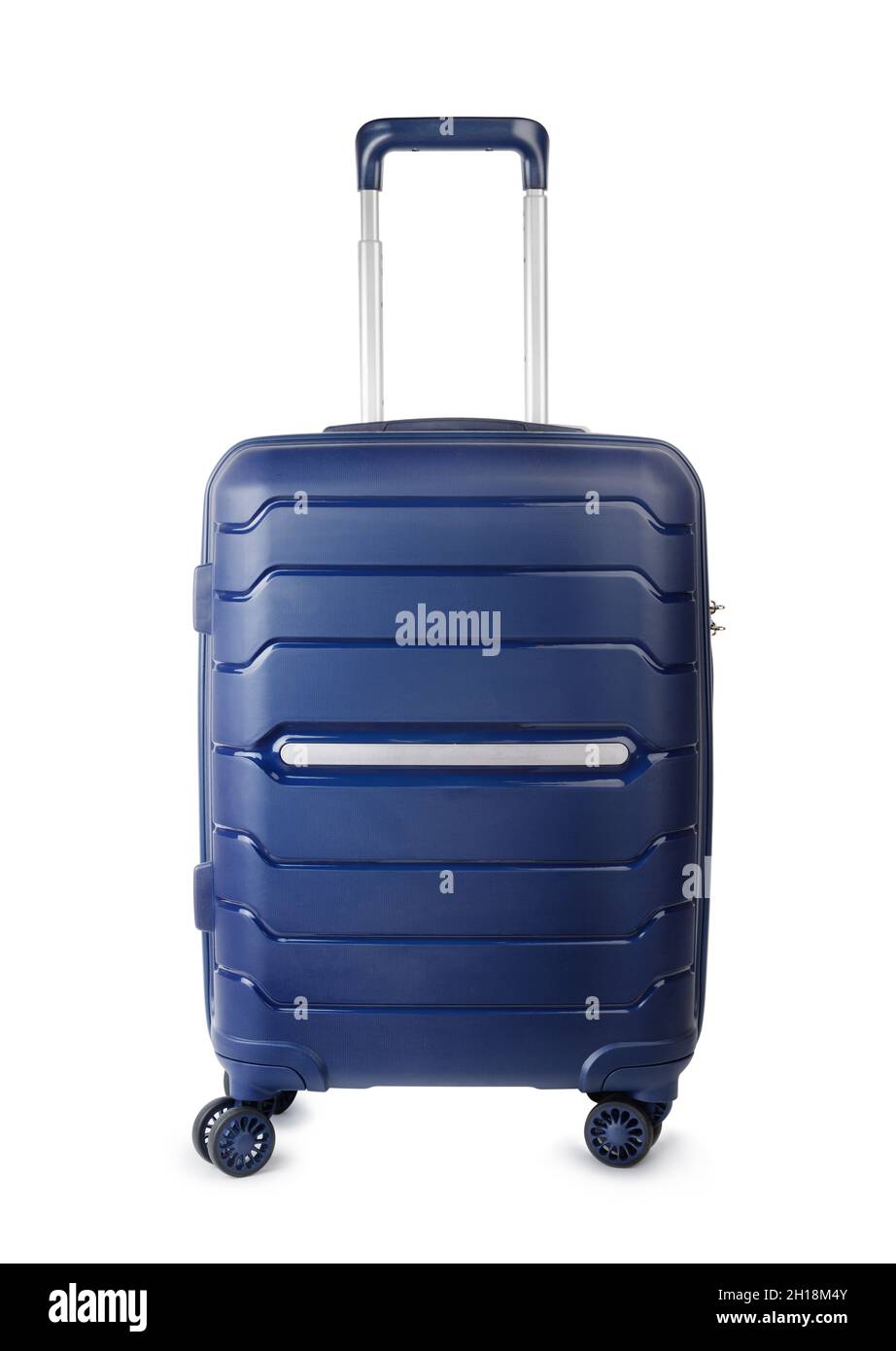 Blue plastic suitcase with extendable handle isolated on white. Front ...