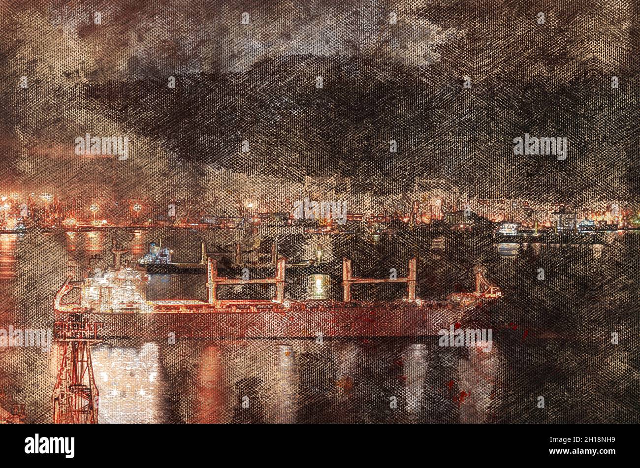 Night Port on the Southern Bug River, Mykolaiv, Ukraine. Vessels ...