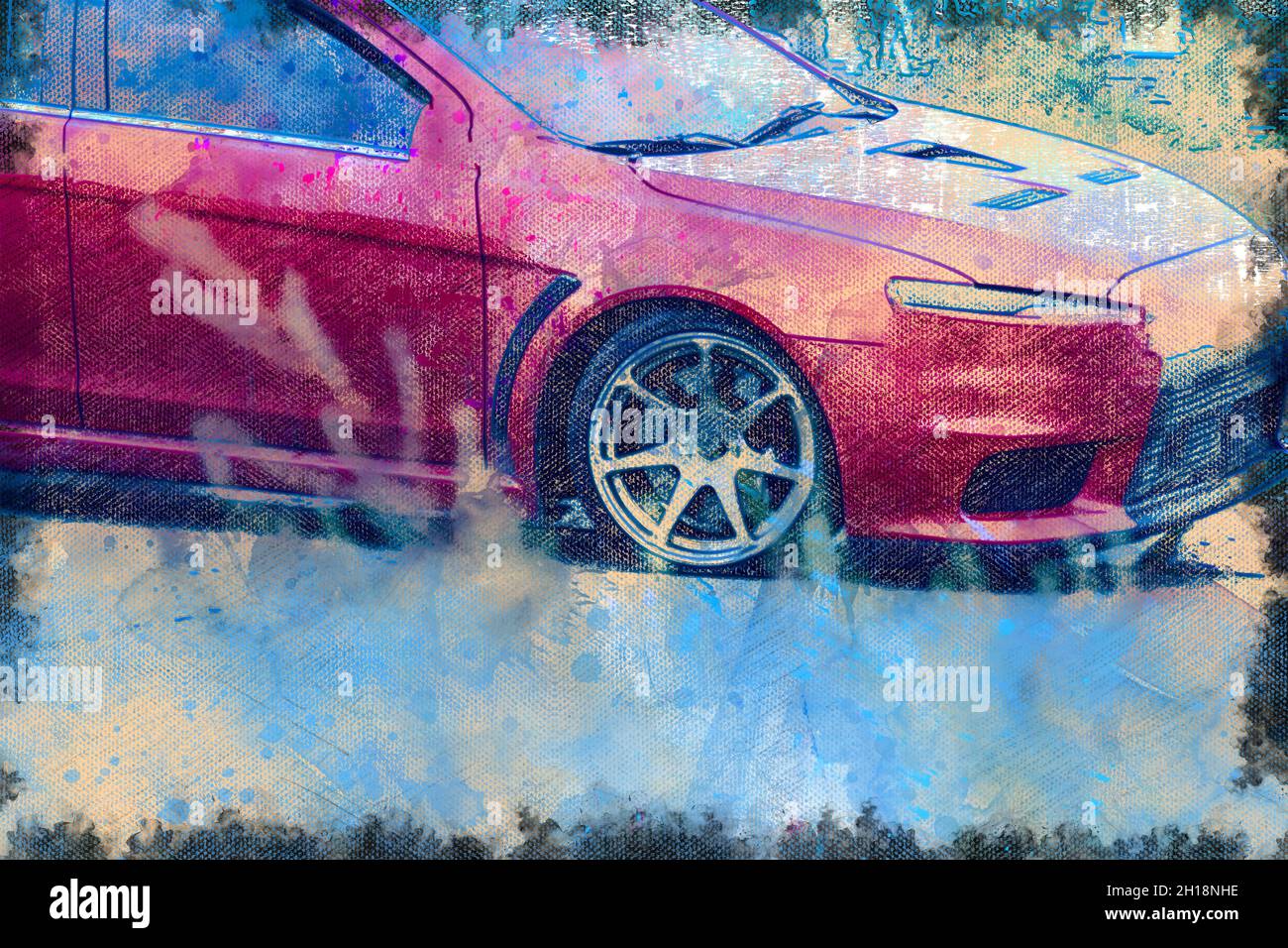 Red car driving on the road. The front of a fast moving car. Digital ...