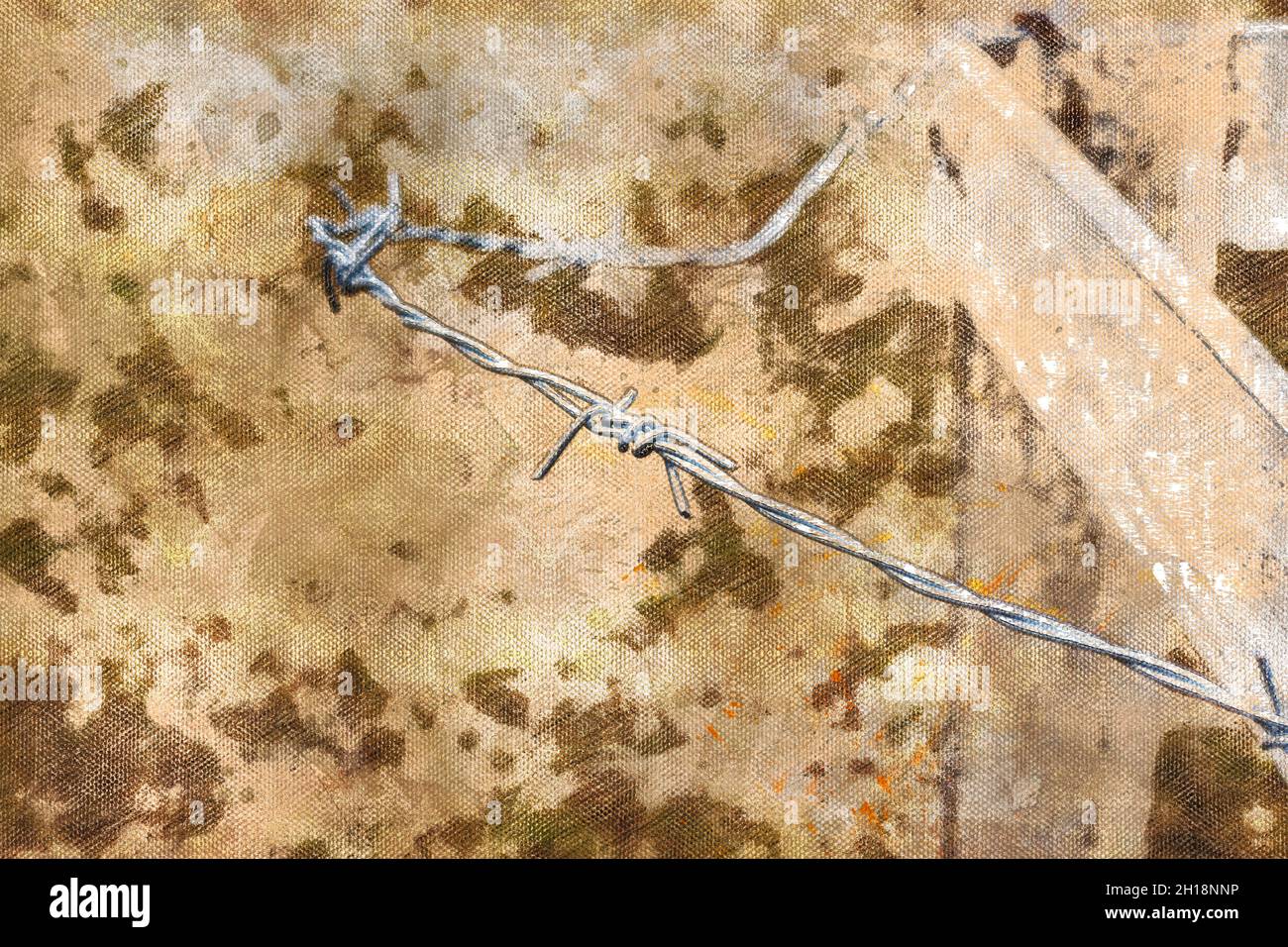 Barbed wire on a wooden fence. Fencing around a pasture or farm ...