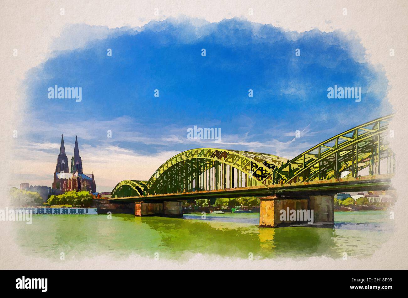 Watercolor drawing of Cologne cityscape of historical city centre with ...