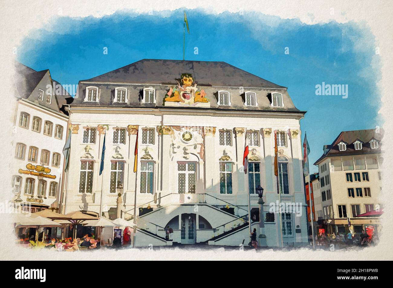 Watercolor drawing of Bonn: Old city hall or Altes Rathaus Bundesstadt ...