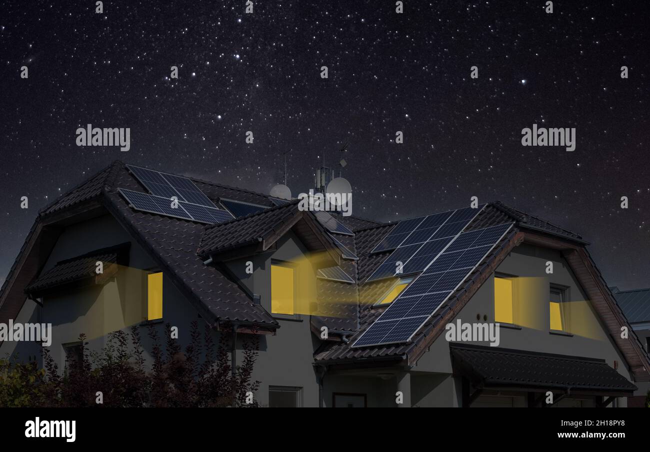 Solar panel day and night. Concept image - solar energy at home. An ...