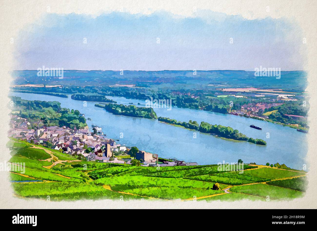 Watercolor drawing of Aerial panoramic view of river Rhine Gorge or ...