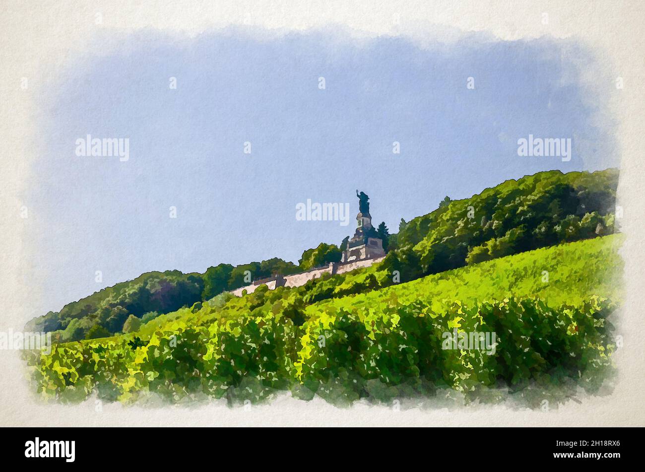 Watercolor drawing of Niederwalddenkmal Germania monument on Niederwald ...