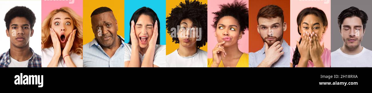 Set Of Different Human Emotions With Diverse People Portraits Over ...