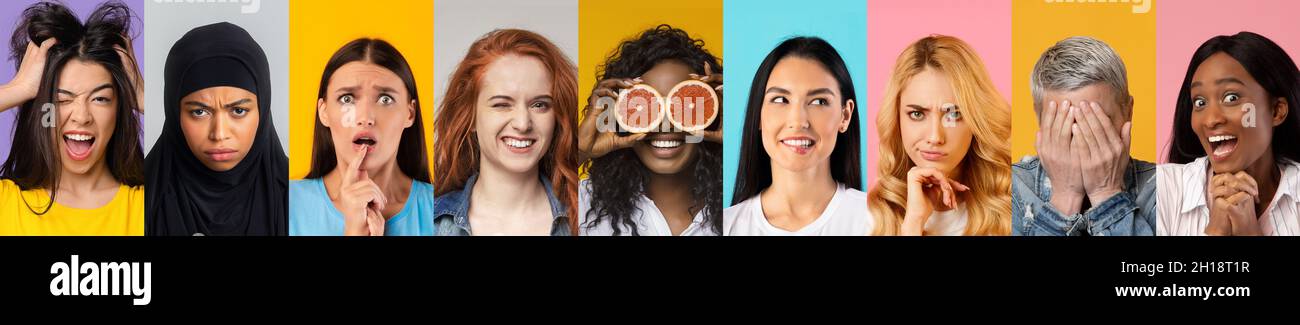 Set Of Female Faces With Different Emotions Over Colorful Backgrounds ...