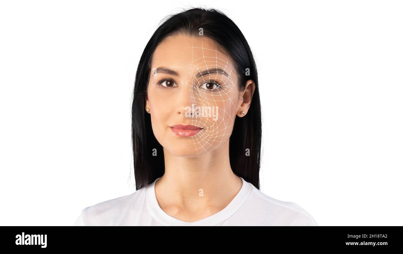 Calm young european female and digital identity scanning face to ...
