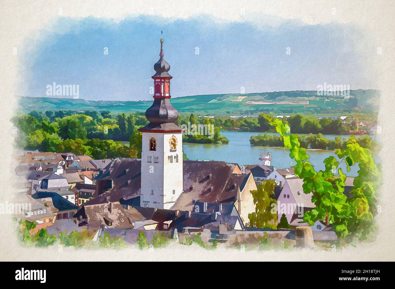 Watercolor drawing of Aerial view of Rudesheim am Rhein historical town ...