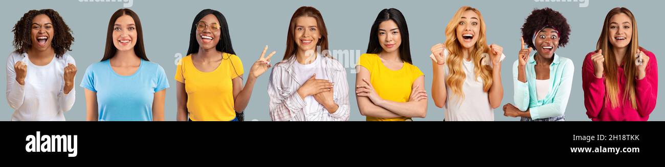 Set of portraits of pretty cheerful emotion excited happy young diverse ...