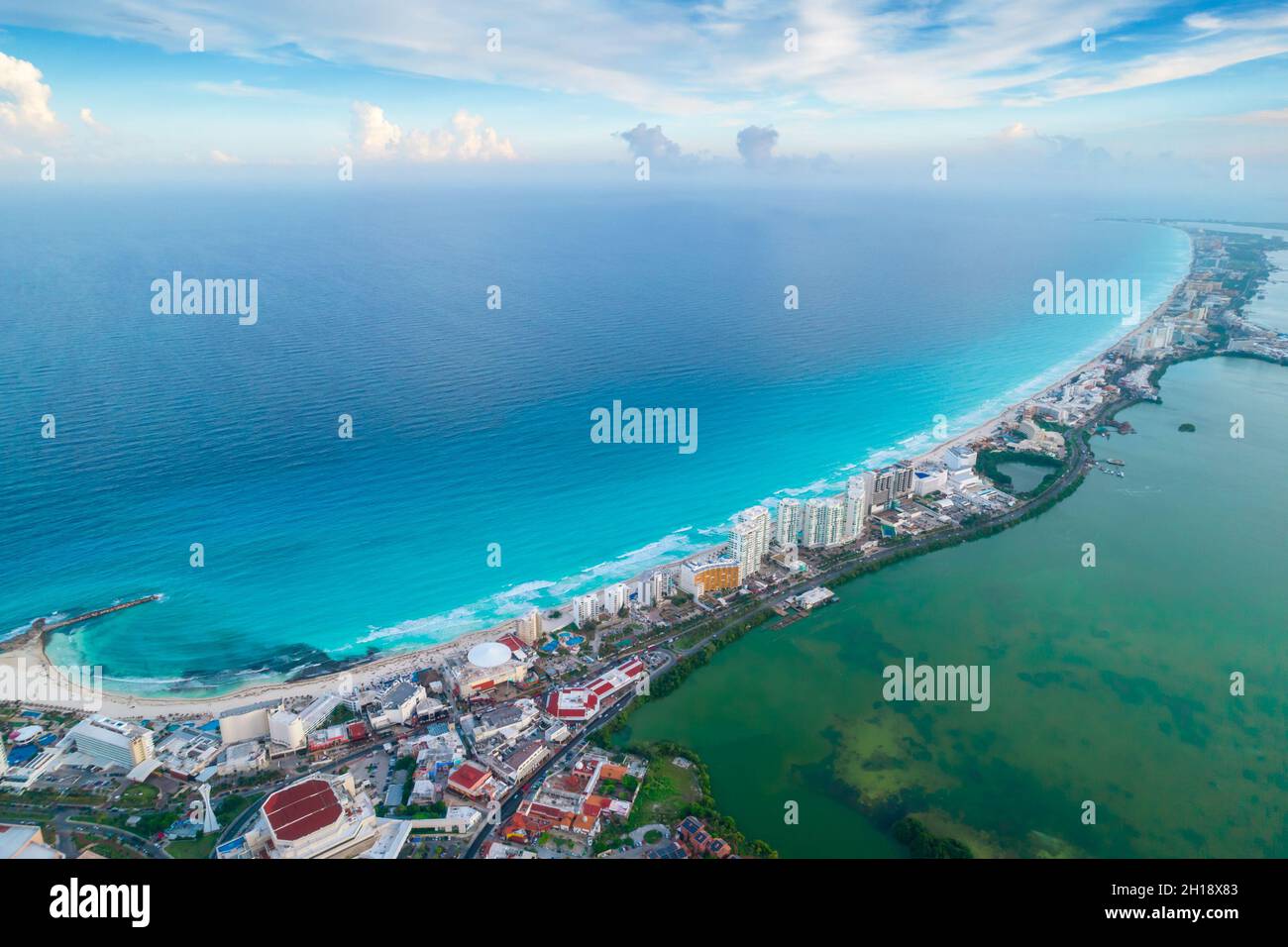 Aerial panoramic view of Cancun beach and city hotel zone in Mexico ...
