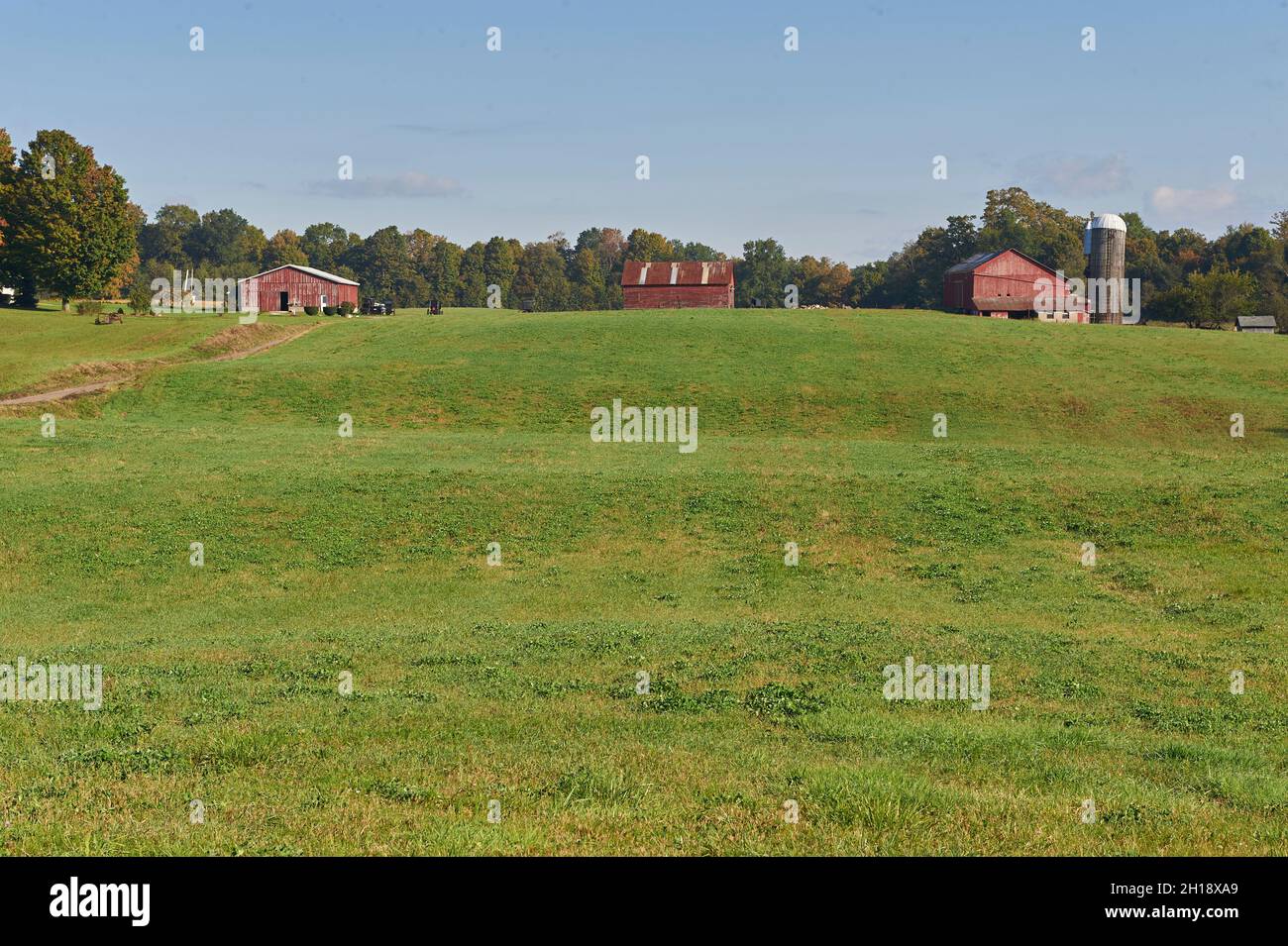farm with buildings, silo and green meadows Stock Photo - Alamy