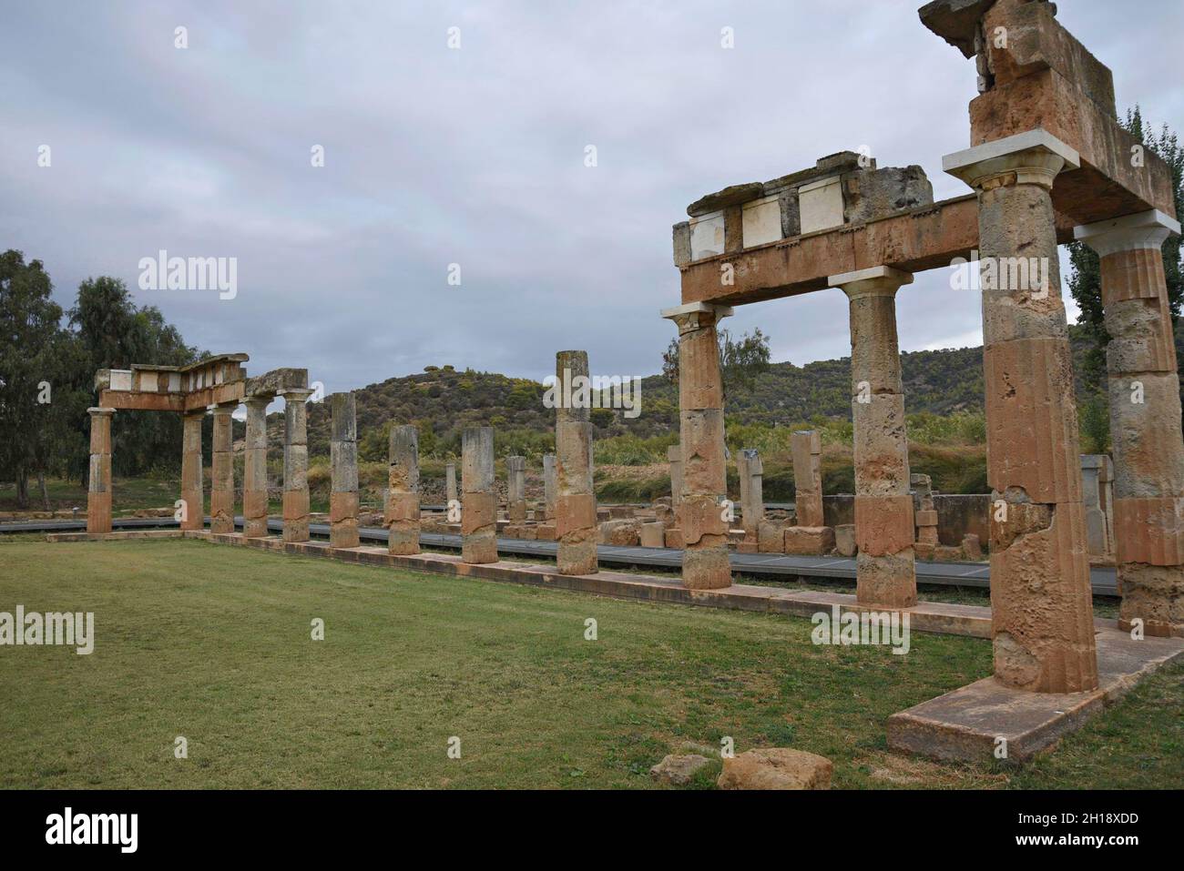 Landscape with scenic view of the ancient Doric order Temple of ...