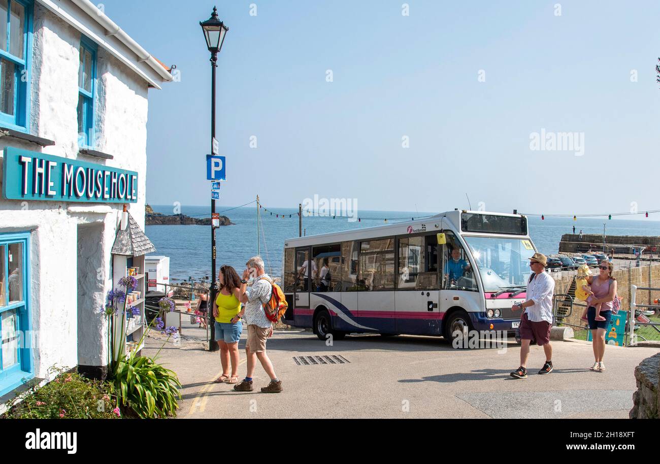 Mousehole, Cornwall, England, UK. 2021. Coastal bus from Penzance and ...