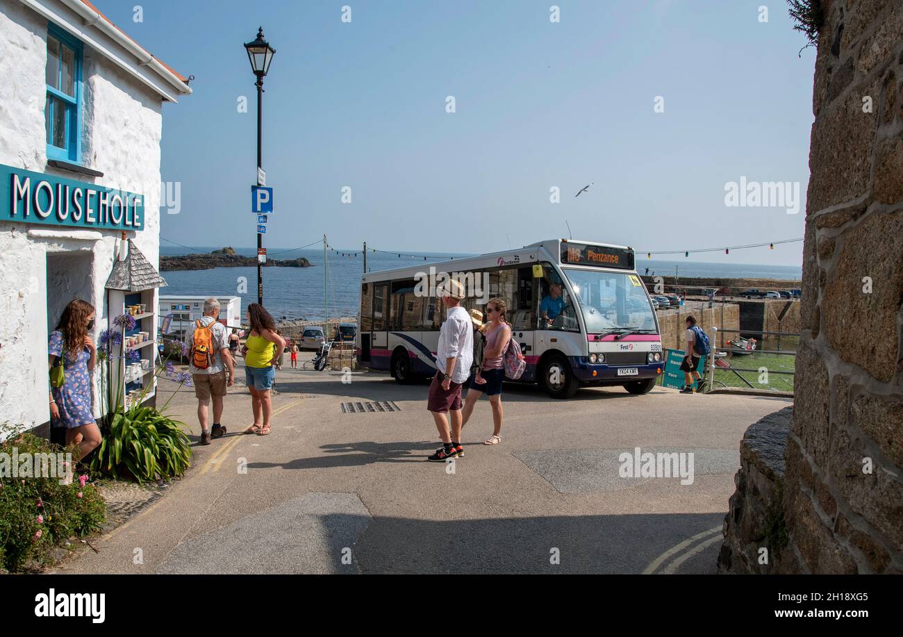 Mousehole, Cornwall, England, UK. 2021. Coastal bus from Penzance and ...